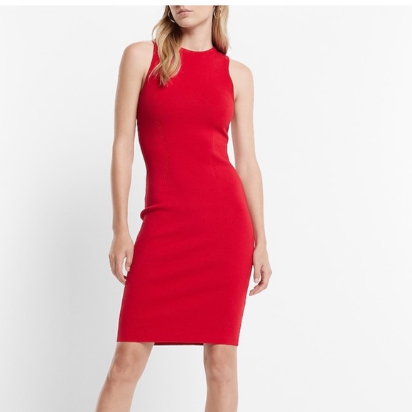Express | Dresses | New Express Womens Red Fitted Dress High Neck ...